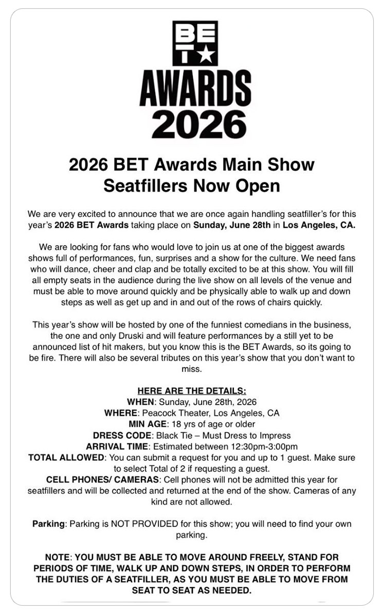 BET Awards Recruiting Seat Fillers Due to Low Ticket Sales | Sandra Rose
