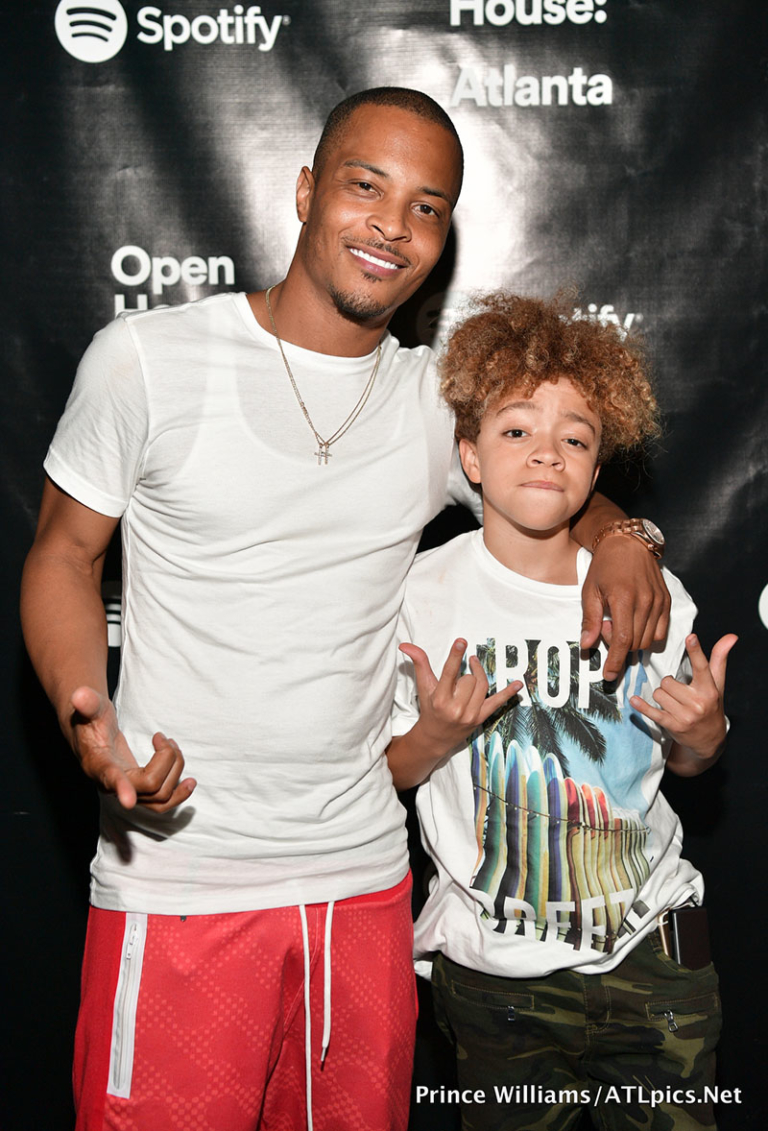 Tip TI Harris and son King Harris attended Spotify open house in Atlanta, GA on August 8, 2017 ...