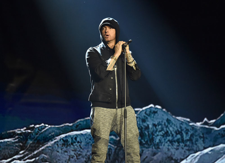 Eminem performs on stage during the MTV EMAs 2017 held at The SSE Arena ...