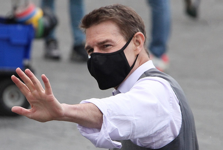 Tom Cruise and Hayley Atwell wear their masks during breaks in filming ...