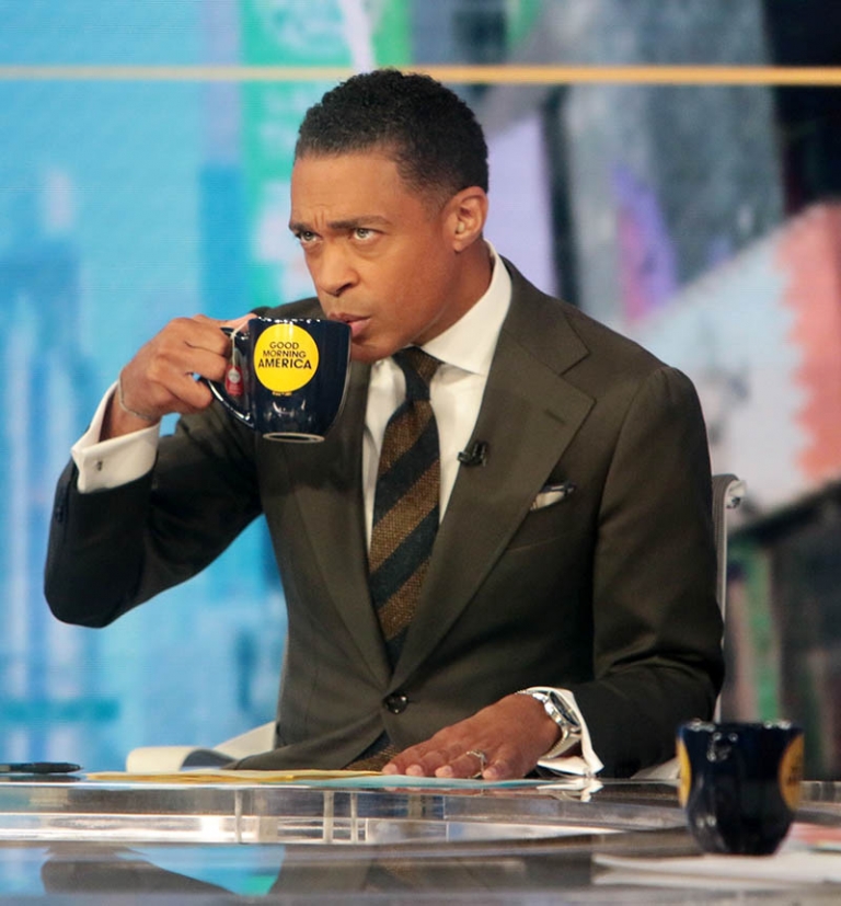 TJ Holmes sips coffee on the set of Good Morning America’s GMA3 spin ...