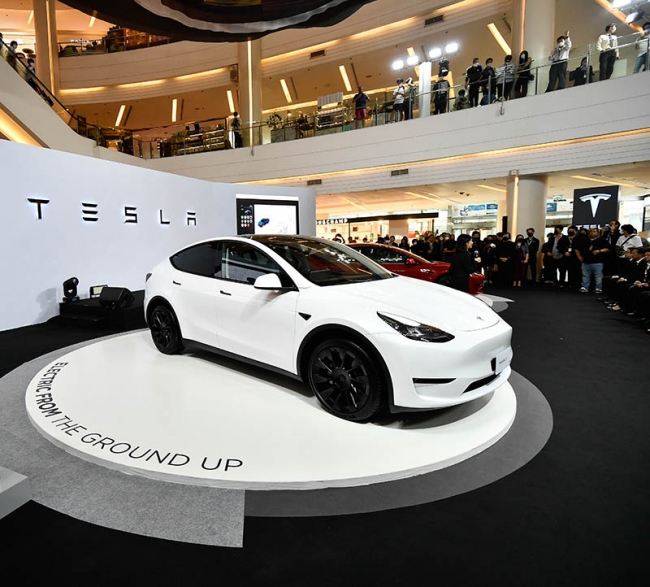Tesla Model Y electric car is displayed during Tesla launch in Bangkok ...