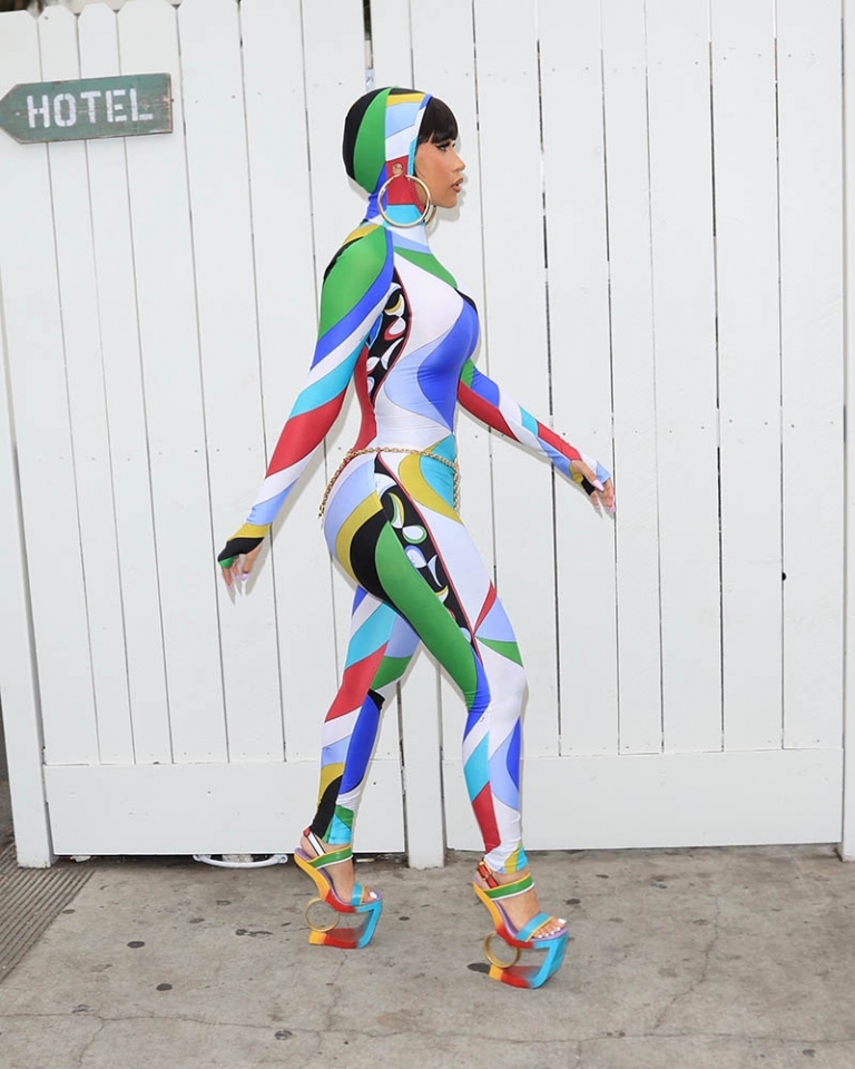 Santa Monica, CA – Cardi B stuns in skin tight colorful ensemble while ...
