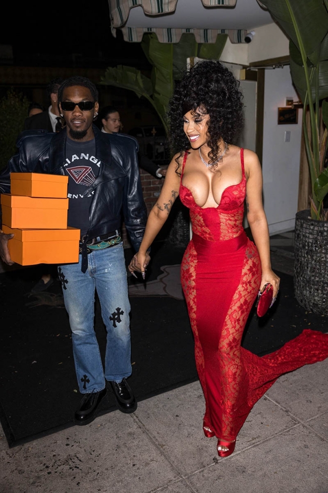 West Hollywood, CA – *EXCLUSIVE* – Rapper Cardi B turns heads in a revealing red dress while ...
