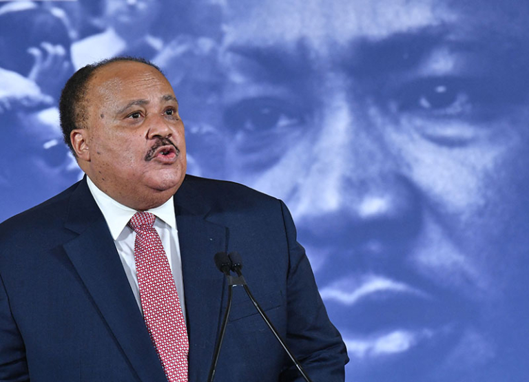 Martin Luther King III speaks following the Peace Walk in celebration ...